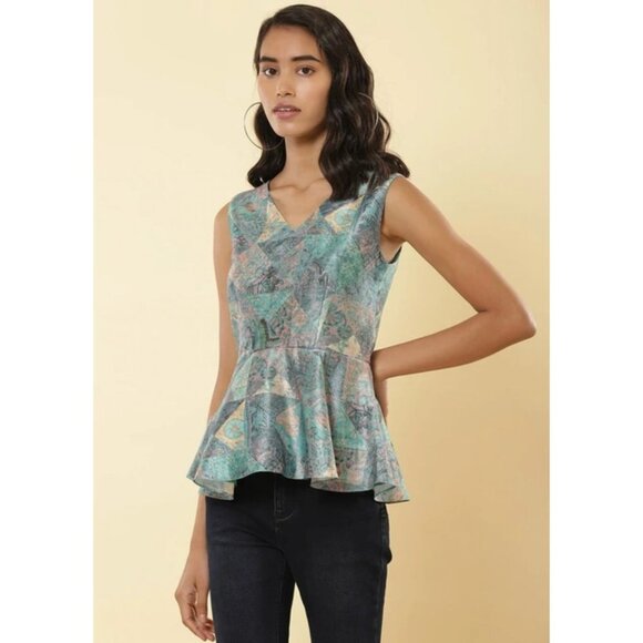 Ritu Kumar | Tops | Label Ritu Kumar Green Peach Patchwork Print Peplum ...
